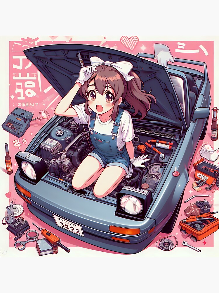 "Cute Anime Girl Mechanic Posing On Car" Sticker for Sale by ...