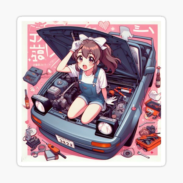 "Cute Anime Girl Mechanic Posing On Car" Sticker for Sale by ...