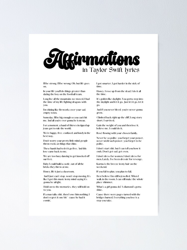 "Affirmations in Taylor Swift lyrics from Debut to Midnights" Poster ...
