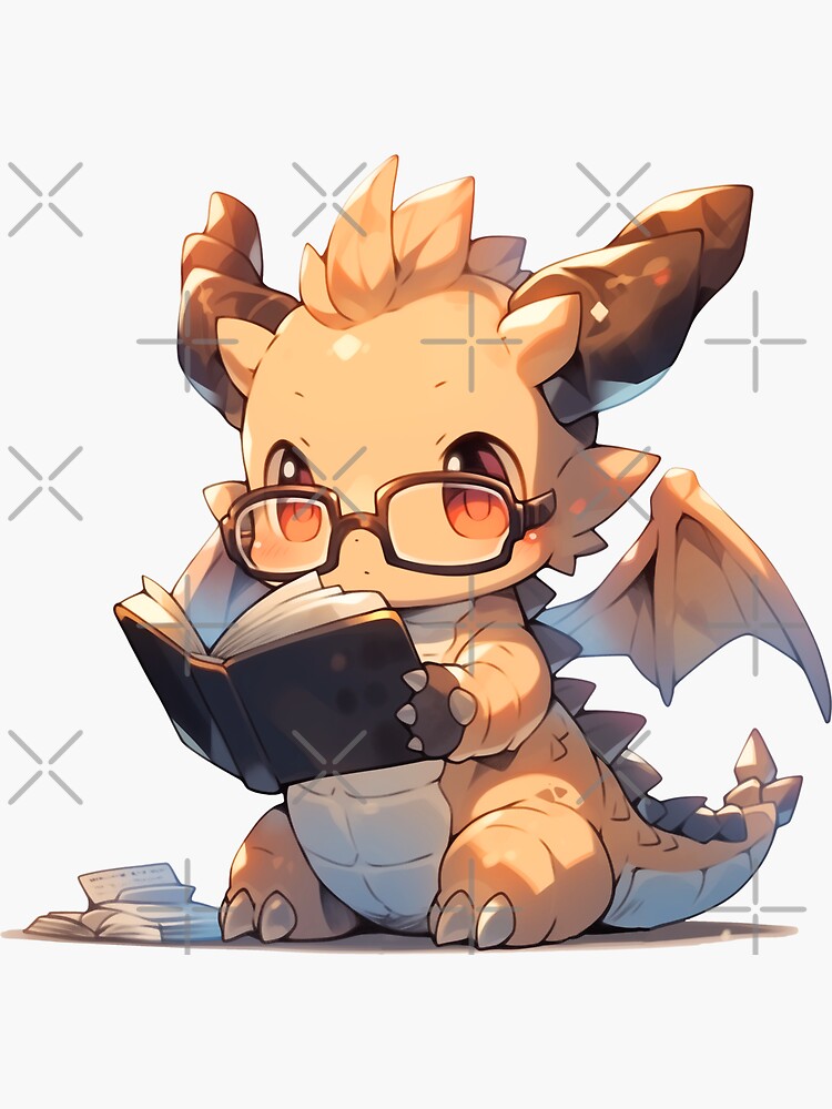 "Cute Kawaii Dragon Reading a Book The Librarians Horde" Sticker for ...