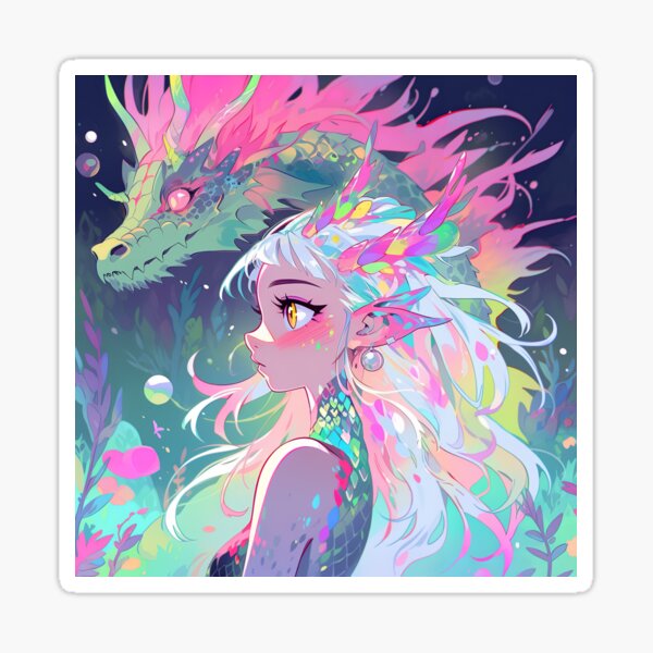 "Fantasy Anime Girl and Dragon Guardian" Sticker for Sale by bubblegoth ...