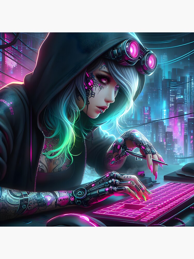 "Cyberpunk hacker girl with tattoos and pink keyboard" Sticker for Sale ...