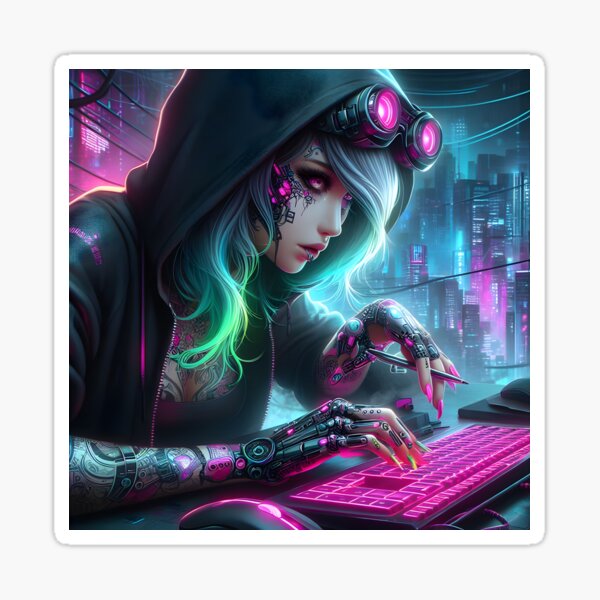 "Cyberpunk hacker girl with tattoos and pink keyboard" Sticker for Sale ...