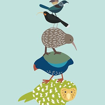 "Stacked Birds Of New Zealand - Kiwi, Kakapo, Tui, Fanatail, Kaka, Kea ...