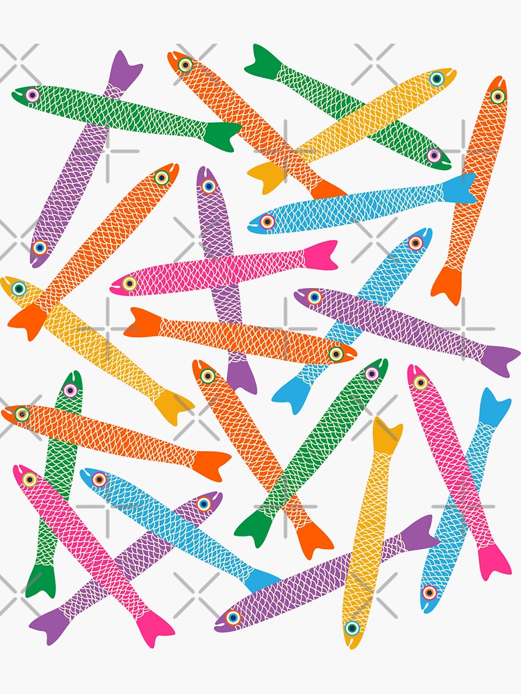 "ANCHOVIES Bright Graphic Fun Groovy Fish in Rainbow Colors on Royal ...