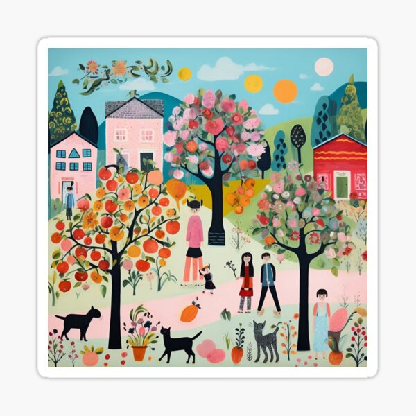 "Folk Art Orchard Village " Sticker for Sale by Neika Shimm Designs ...