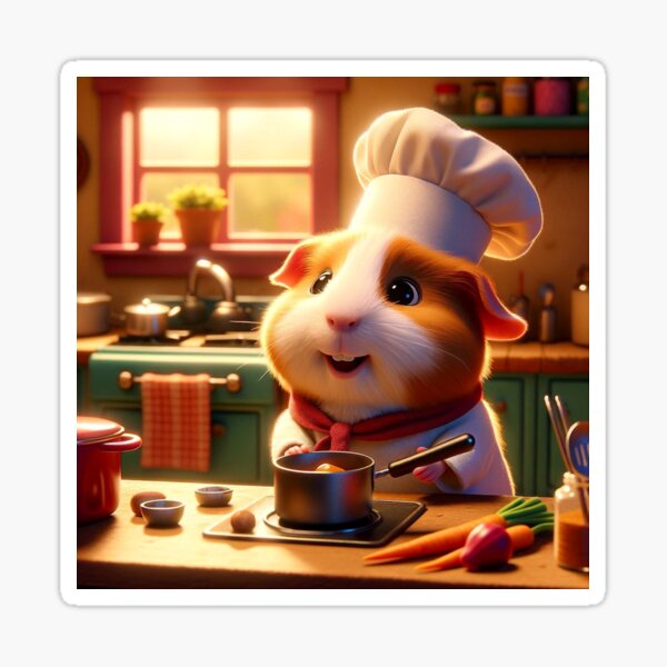 "Cute Guinea Pig as a Chef Cooking in a Tiny Adorable Kitchen" Sticker ...