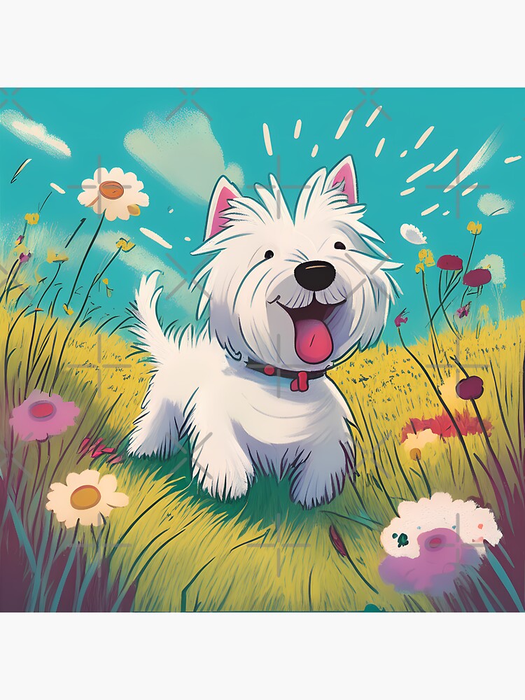 "A happy cartoon westie prancing through the flowers" Sticker for Sale ...