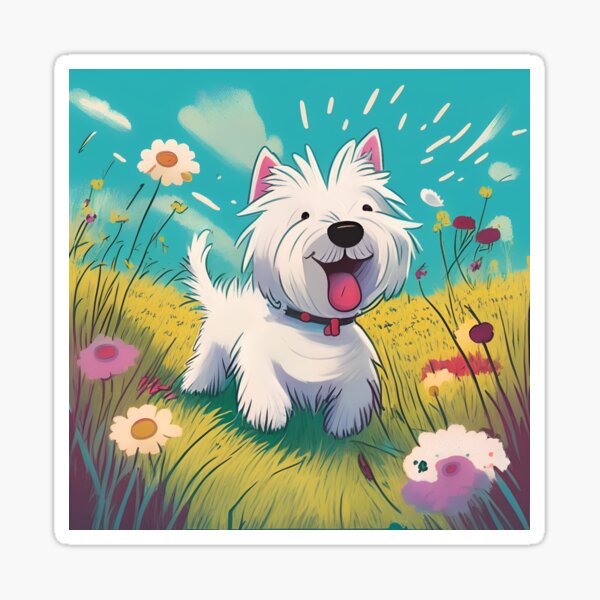 "A happy cartoon westie prancing through the flowers" Sticker for Sale ...