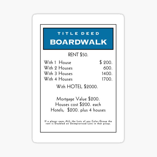 "Monopoly Boardwalk Title Deed Card" Sticker for Sale by sonyakapur ...