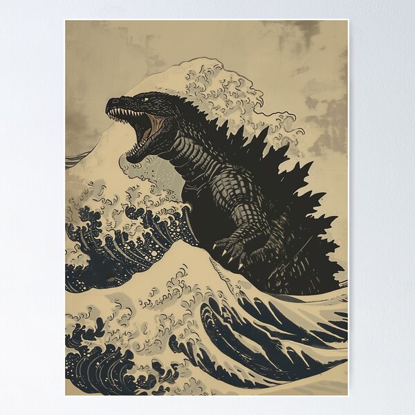 "Katsushika Hokusai - Godzilla In The Great Wave off Kanagawa" Poster ...