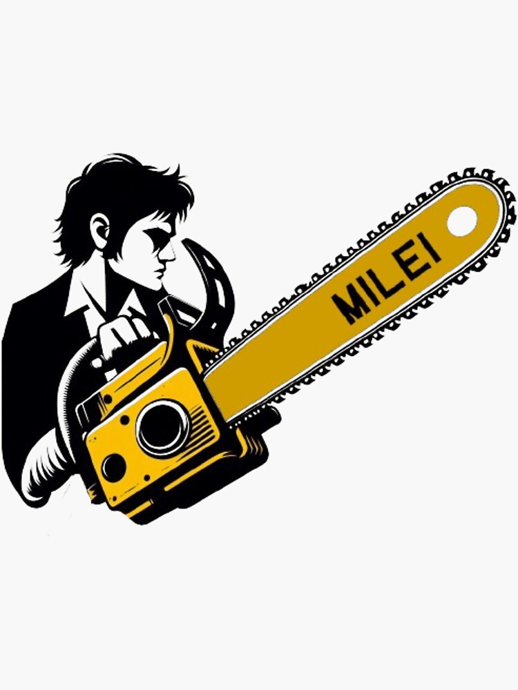 "Javier Milei profile with Milei written on chainsaw" Sticker for Sale ...