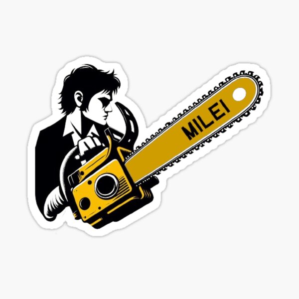 "Javier Milei profile with Milei written on chainsaw" Sticker for Sale ...
