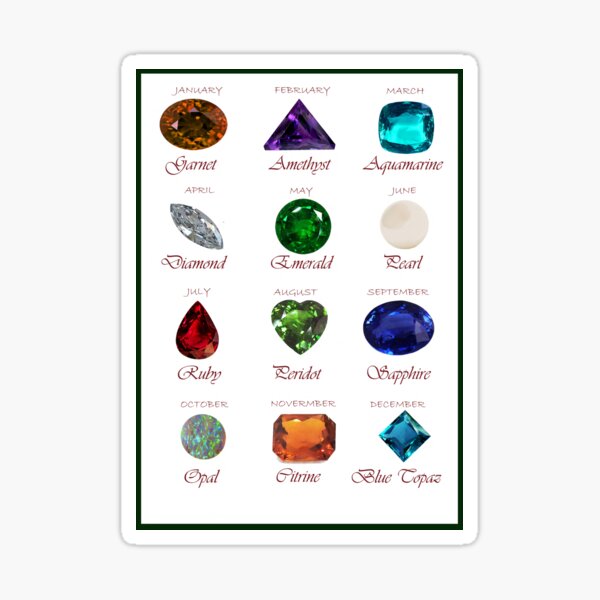 "Birthstone chart with 12 Gemstones and 12 Months with Black Borders" Sticker for Sale by ...