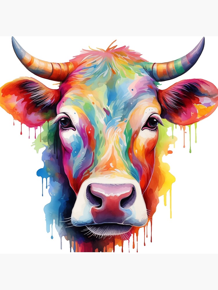 "Vibrant Rainbow Cow Portrait - Colorful Watercolor Drip Art for Animal ...
