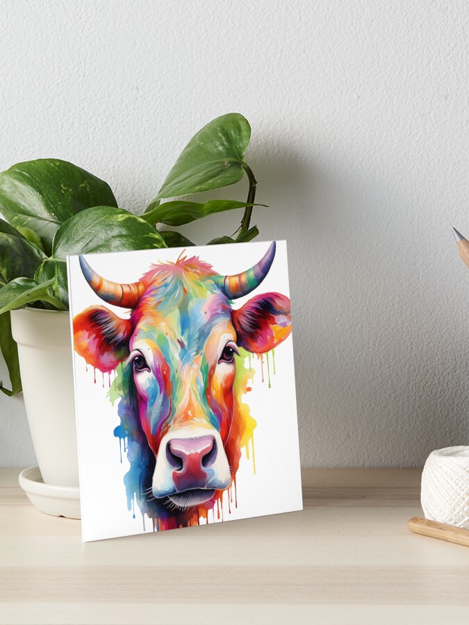 "Vibrant Rainbow Cow Portrait - Colorful Watercolor Drip Art for Animal ...