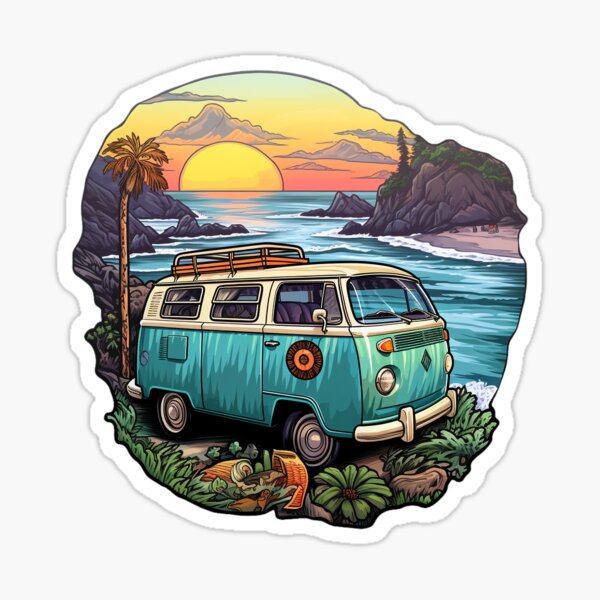 "Bus at a peaceful seaside, sunset, nature, blue sky, forest on a hill ...