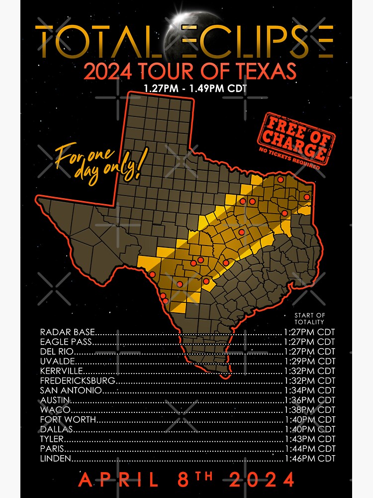 "Total Solar Eclipse April 8th 2024 Poster - Tour of Texas" Sticker for ...