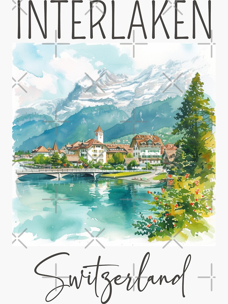 "Watercolor Design of Interlaken - Switzerland " Sticker for Sale by ...