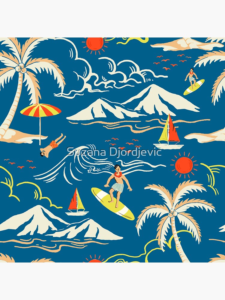 "Blue tropical island pattern vector with tourist cartoon illustration ...