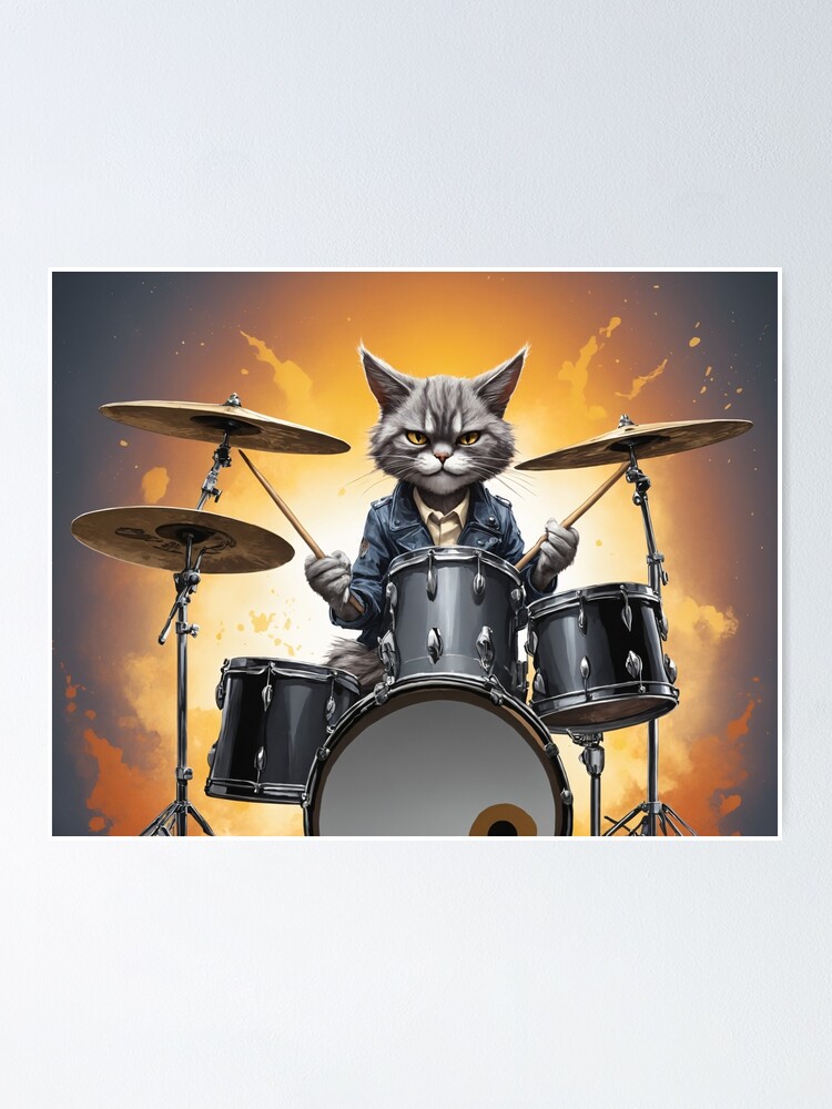 "Gray rock drummer cat" Poster by Roland Mitterbauer | Redbubble