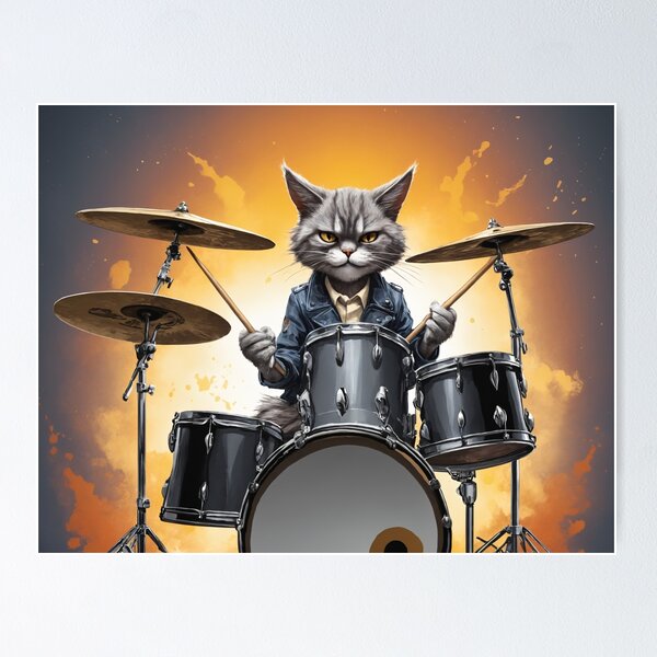 "Gray rock drummer cat" Poster by Roland Mitterbauer | Redbubble