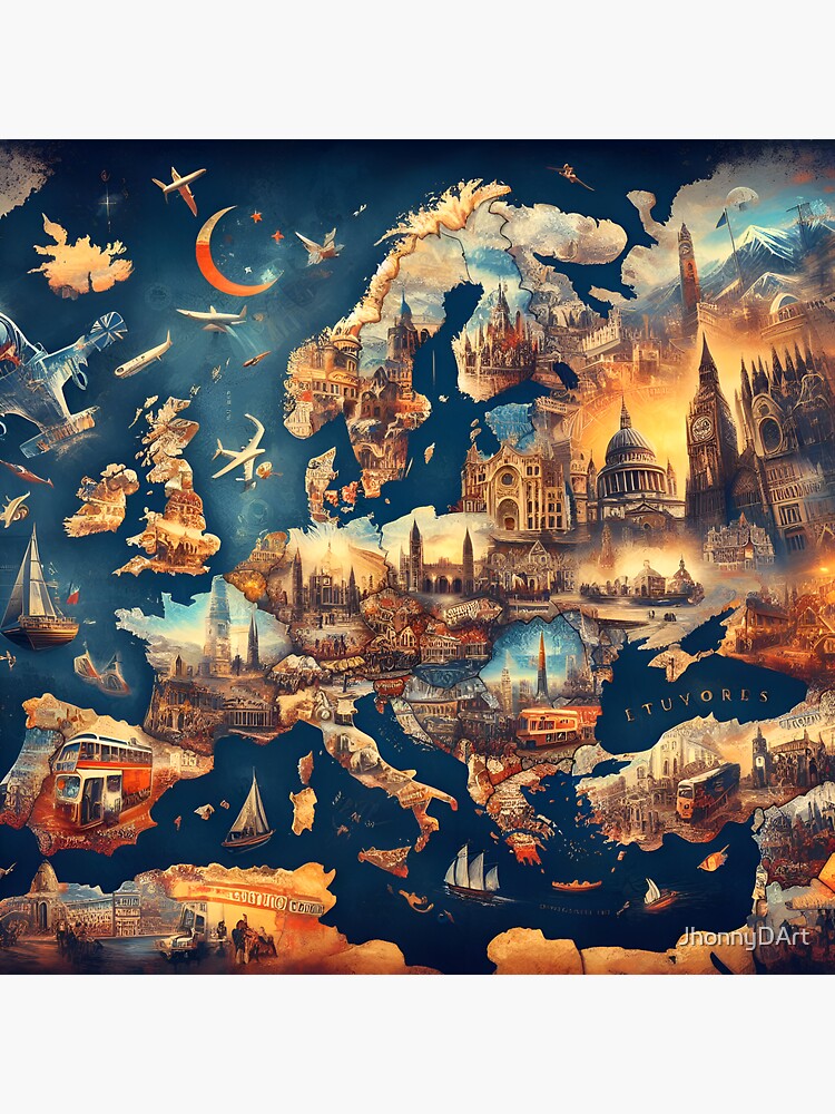 "Map of Europe With Tourist Sites" Sticker by JhonnyDArt | Redbubble