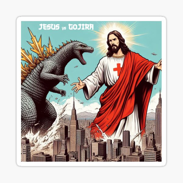 "Jesus vs Godzilla Manga Print" Sticker for Sale by Thehatinthecat ...