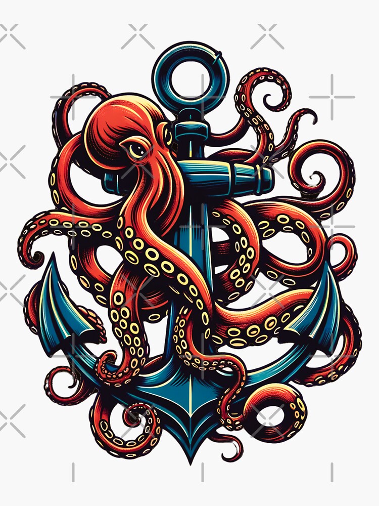 "Bold Octopus and Anchor Tattoo" Sticker for Sale by JesterKrewArt ...