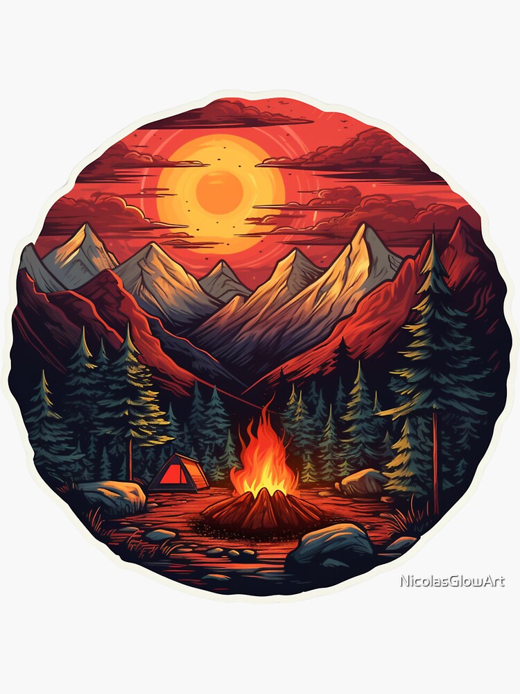 "Mountains Outdoor Campfire" Sticker for Sale by NicolasGlowArt | Redbubble
