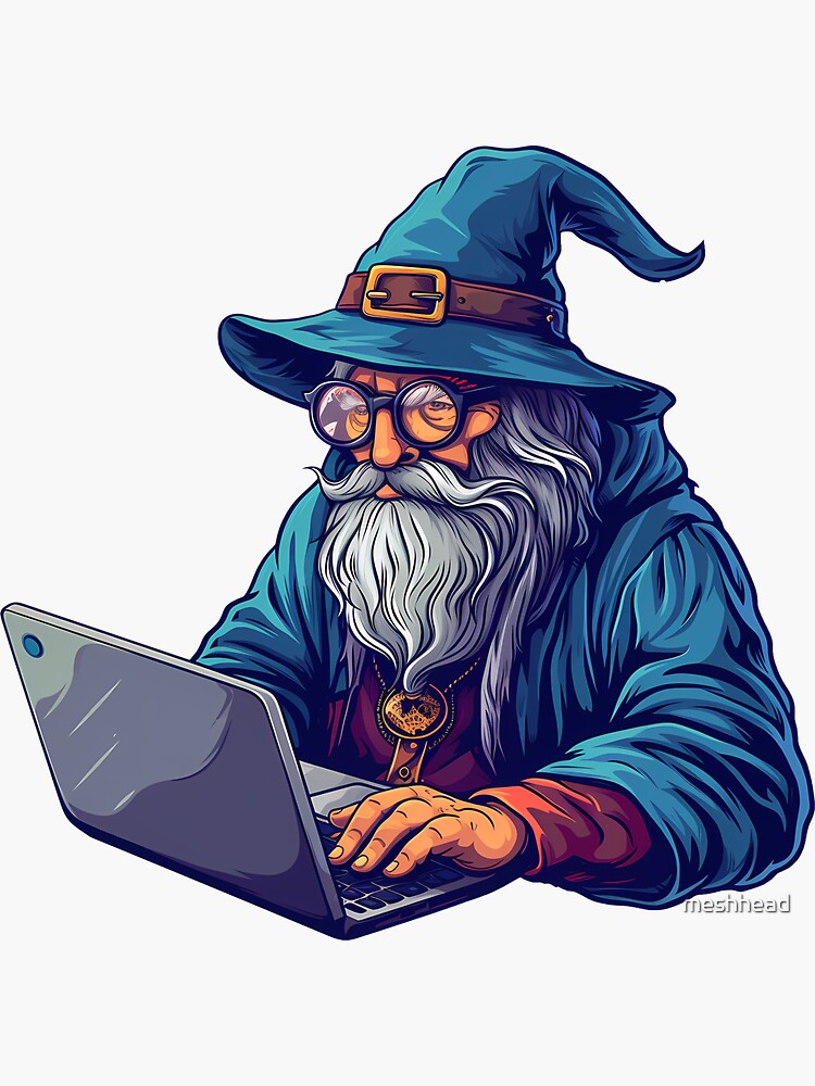 "Tech Wizard at Work - Geeky Fantasy Illustration" Sticker for Sale by ...