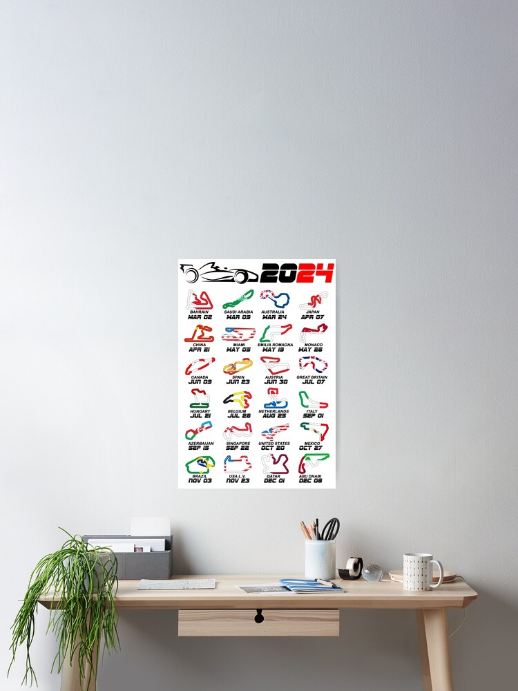 "Calendar Formula race cars 2024 circuits colors white v2" Poster for ...