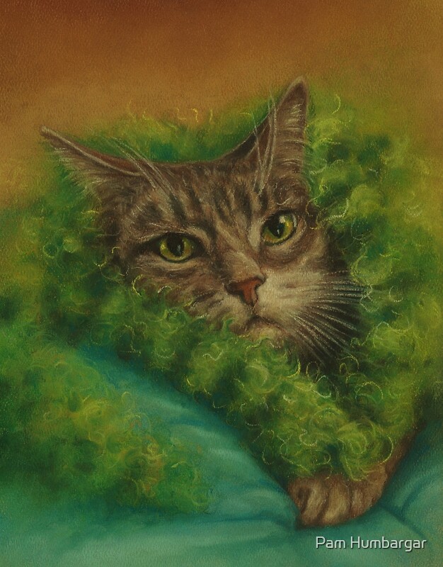 "Peeved Cat in a Green Boa" by Pam Humbargar | Redbubble