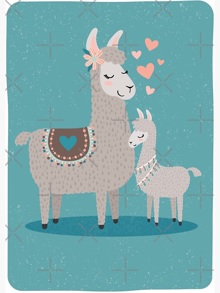 "Llama Mama and Baby Illustration Teal Background" Art Print for Sale ...