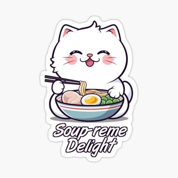 "Soup-reme Delight Ramen Cat Pun" Sticker for Sale by Yogimeister ...