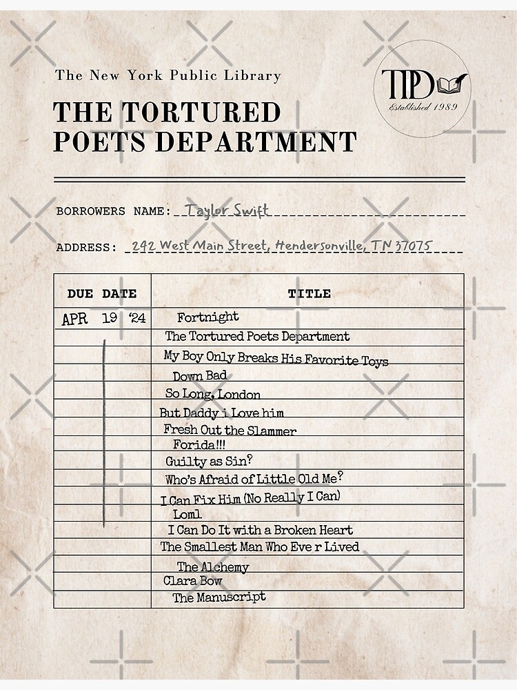 "Tortured Poets Department Library Card - Tracklist" Poster for Sale by ...