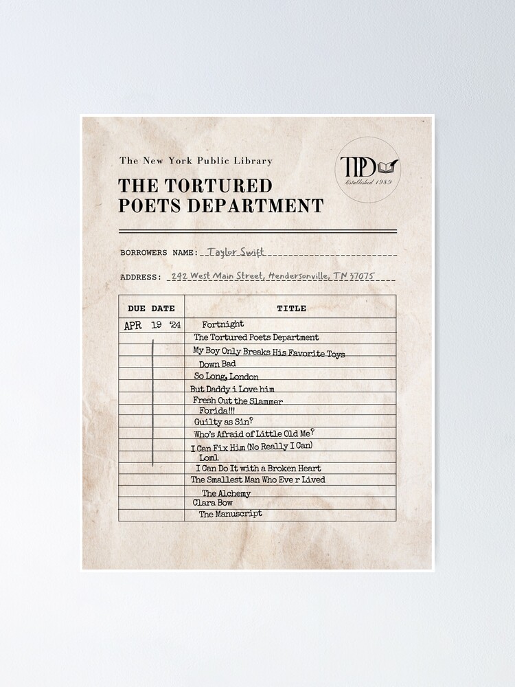 "Tortured Poets Department Library Card - Tracklist" Poster for Sale by ...