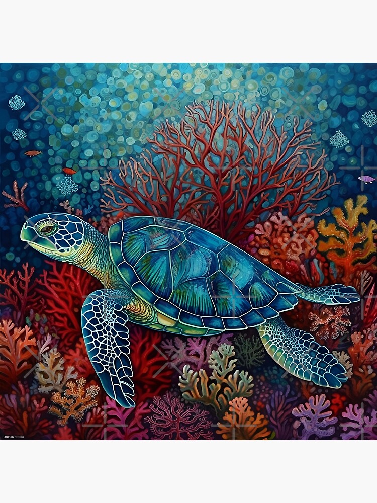 "Sea turtle swimming through coral and sea fans" Poster for Sale by ...