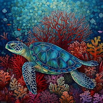 "Sea turtle swimming through coral and sea fans" Poster for Sale by ...