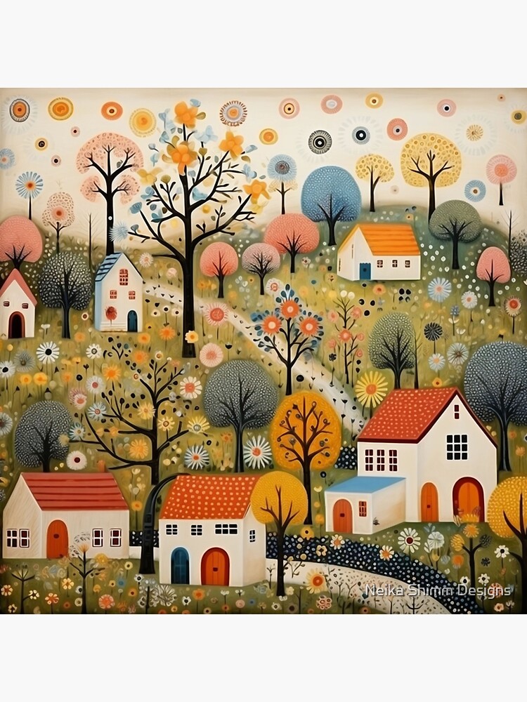 "Springtime Floral Folk Art Village" Sticker for Sale by Neika Shimm ...