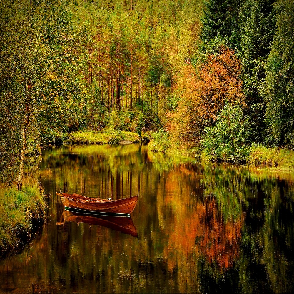 "Fall autumn scenery with a forest lake and a wooden row boat" by ...