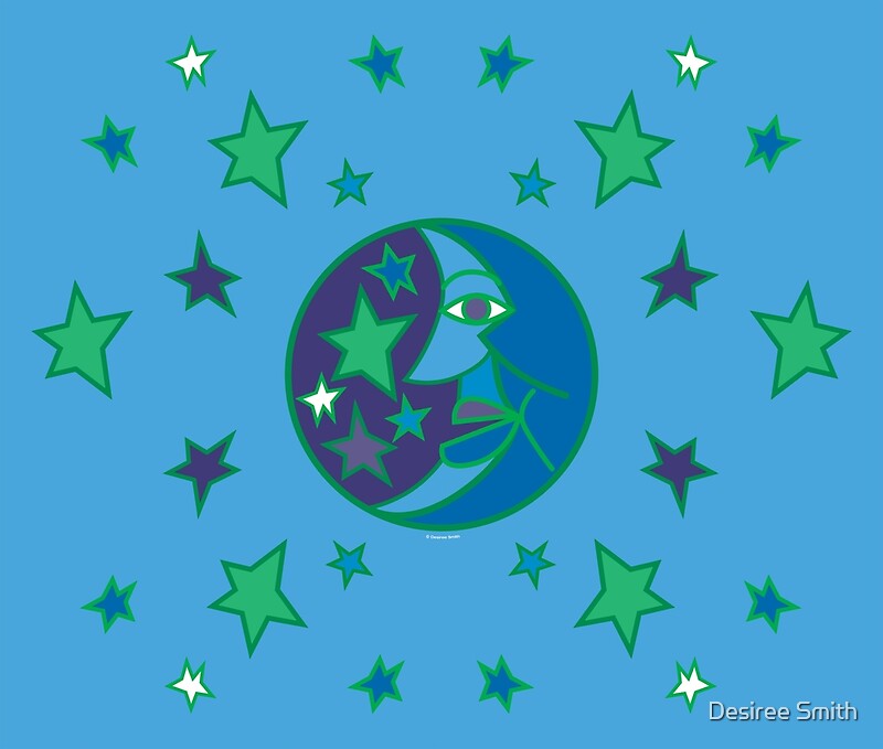 "Moon & Stars on Blue Field of Stars #2" by Desiree Smith | Redbubble