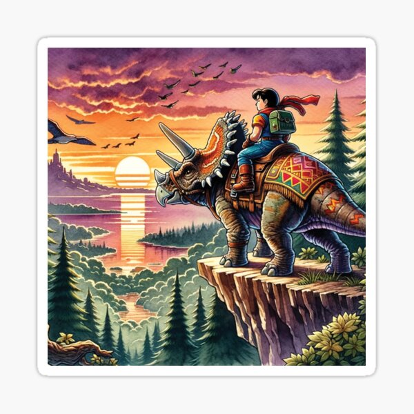 "Adventurer Setting Out Riding a Triceratops " Sticker for Sale by ...