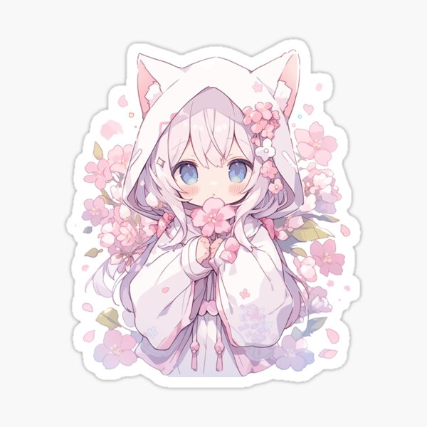 "Cute anime girl with pink flowers" Sticker for Sale by sereneprint ...