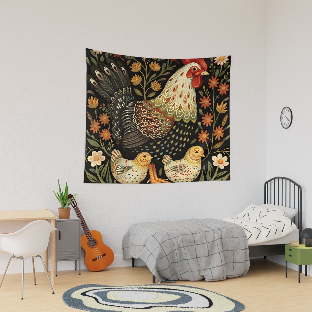 "Mother hen and chicks with folk flowers" Art Print for Sale by Folksy ...