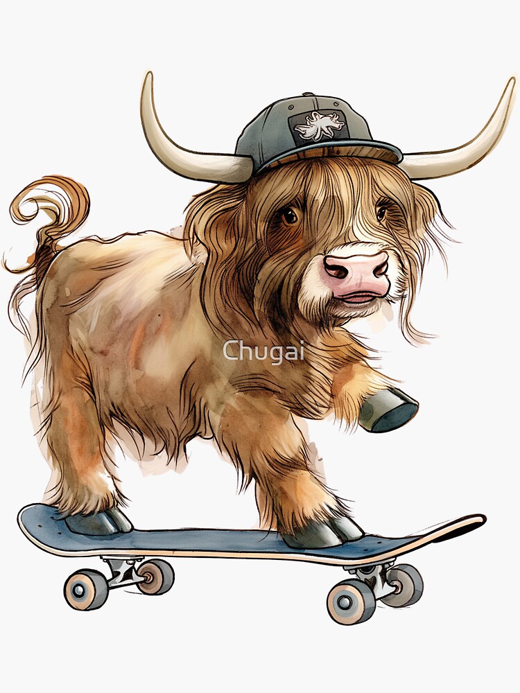 "Skateboarding Highland Cow" Sticker for Sale by Chugai | Redbubble