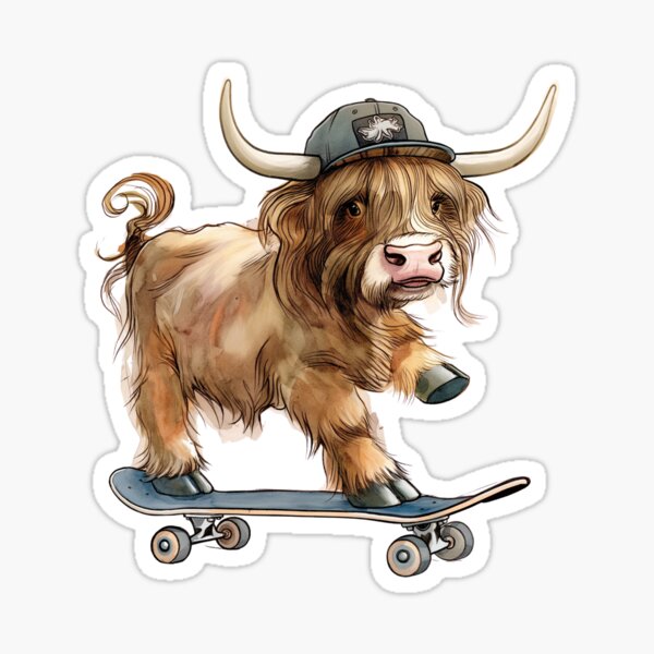 "Skateboarding Highland Cow" Sticker for Sale by Chugai | Redbubble
