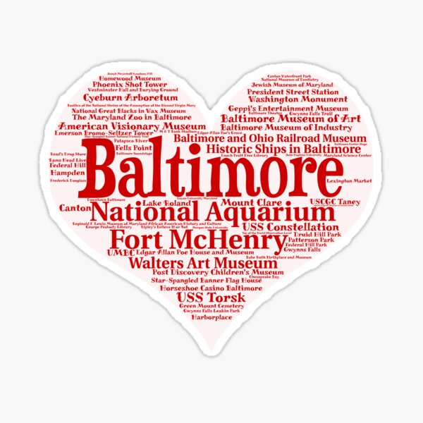 "Heart of Baltimore Red Heart Word Cloud Products" Sticker by Mel747 ...