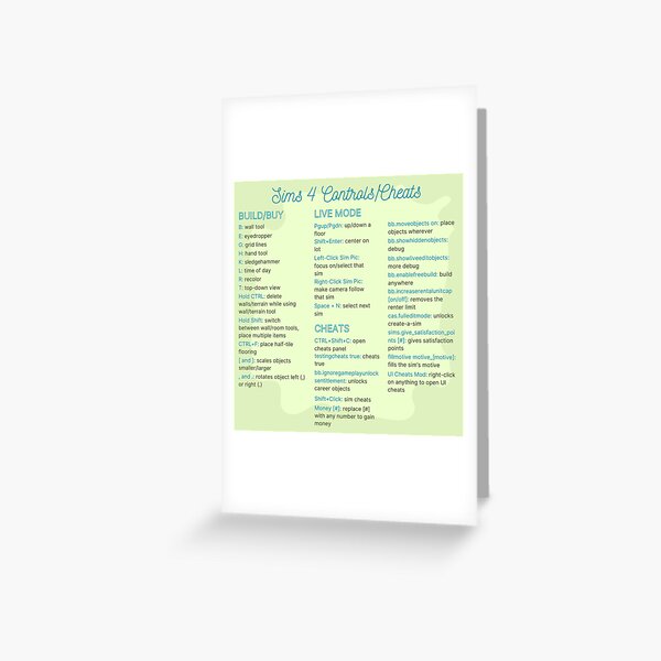 "Sims 4 Controls/Cheats" Greeting Card for Sale by jgracearts | Redbubble