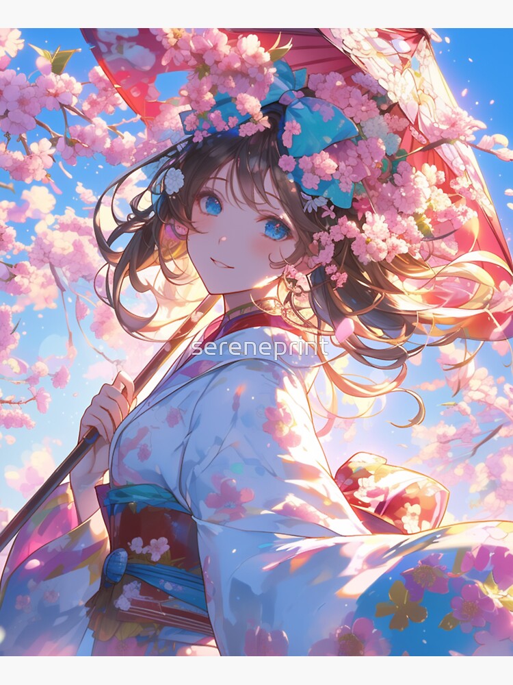 "Anime girl in kimono surrounded by cherry blossoms" Sticker for Sale ...